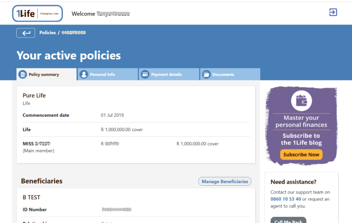 Welcome to the online policyholder service portal | 1Life